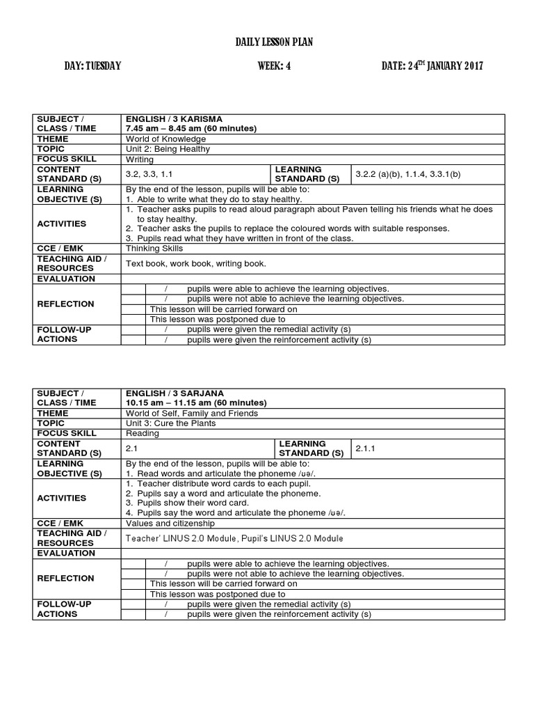 Daily Lesson Plan Day: Tuesday Week: 4 DATE: 24 JANUARY 2017 | PDF ...