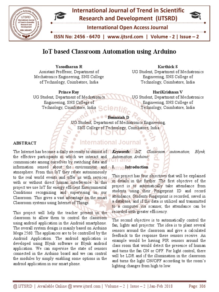 Iot Based Classroom Automation Using Arduino Pdf Internet Of Things Fingerprint