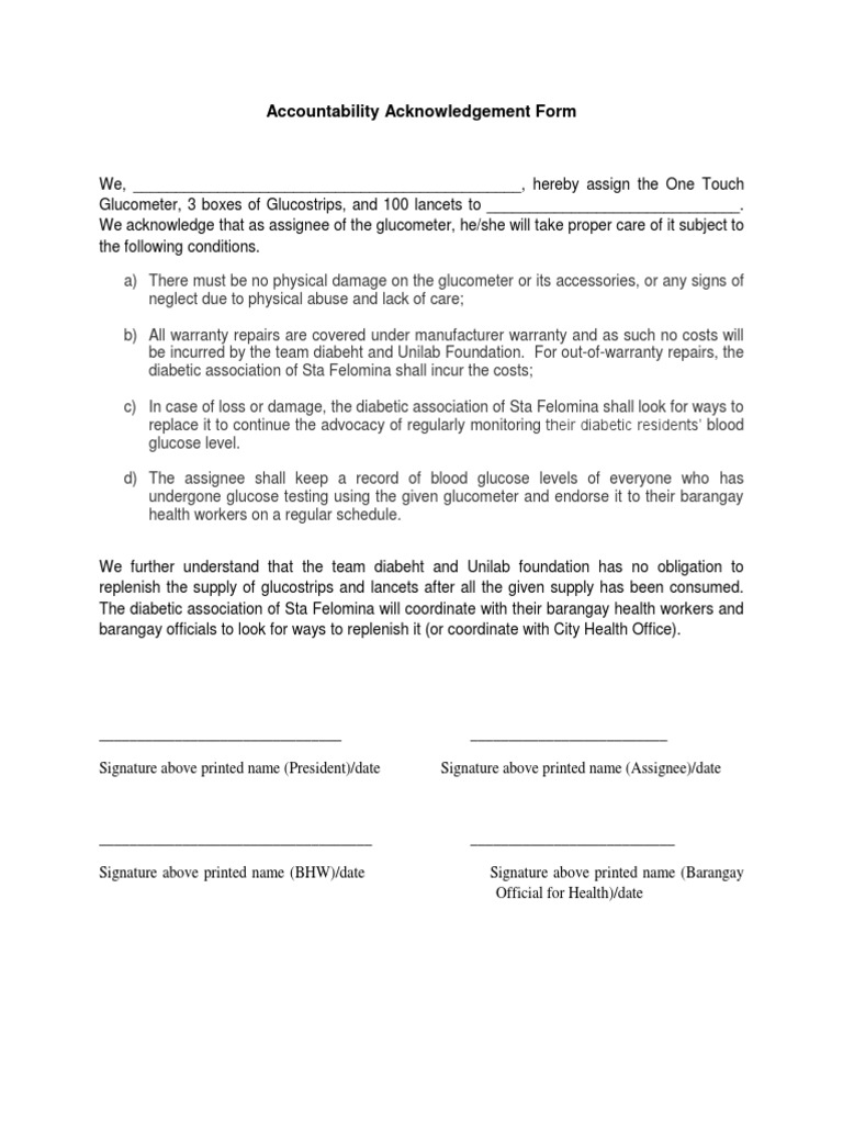 Accountability Acknowledgement Form Glucometer Sta Fe | PDF