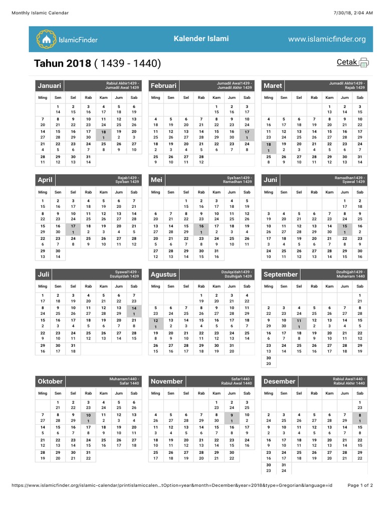 Islamic Calendar 2018 Overview | PDF