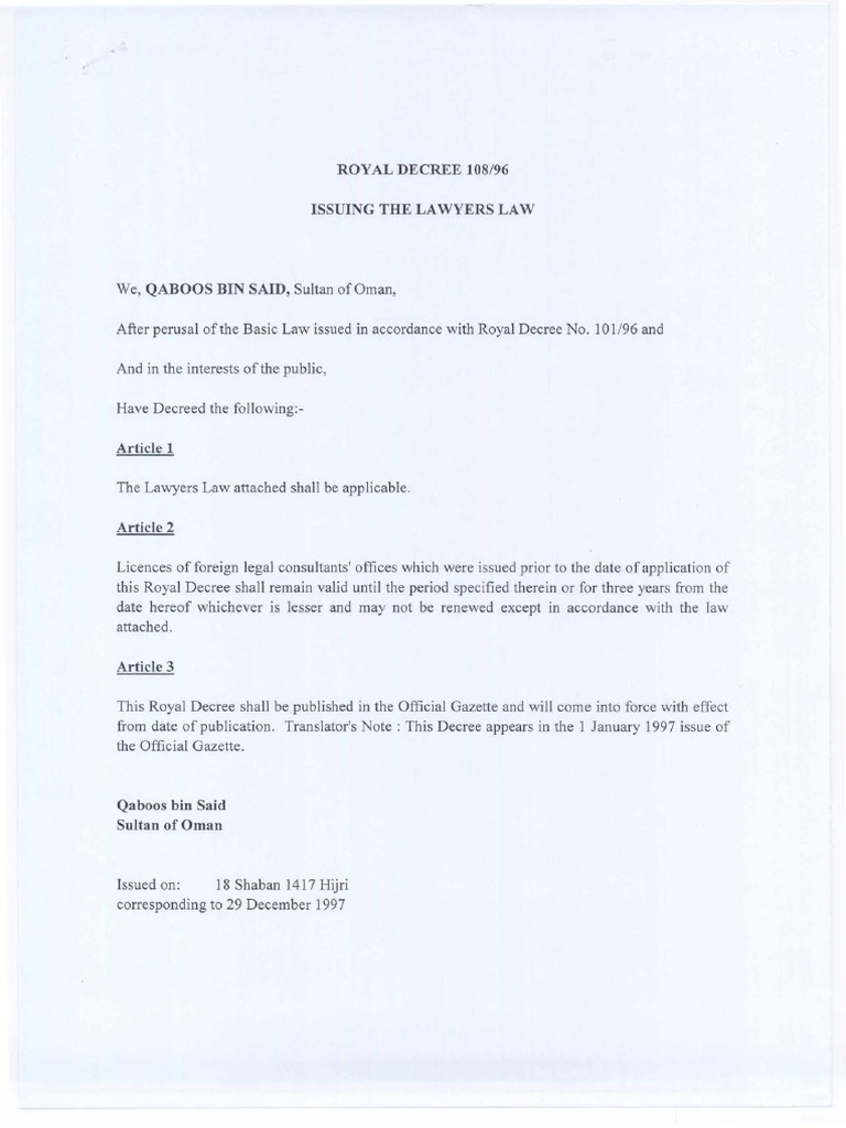 Royal Decree 108-96.issuing The Lawyears Law | PDF | Lawyer | Judgment ...