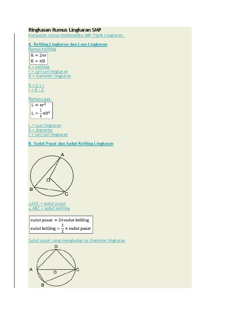 Ringkasan Rumus Lingkaran SMP | PDF