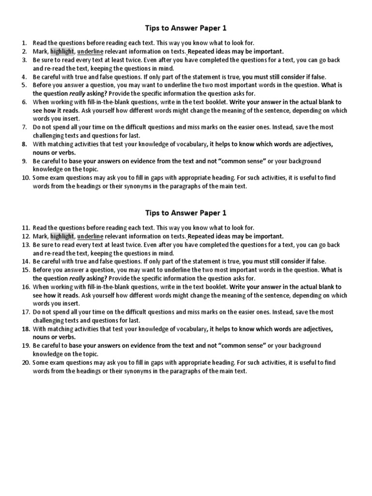 Tips To Answer Paper 1 | PDF | Question | Word