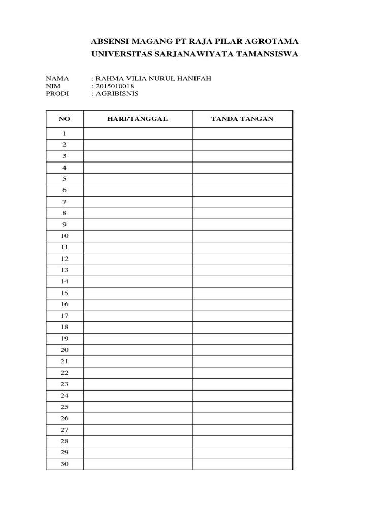 Absensi Magang PT Raja Pilar Agrotama | PDF