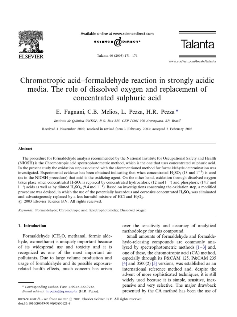 Chromotropic Acid With Formaldehyde | PDF | Sulfuric Acid | Hydrogen ...