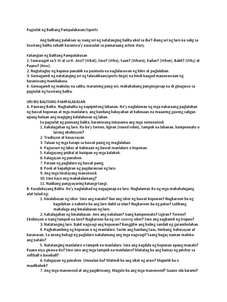 Pagsulat NG Balitang Pampalakasan | PDF Pagsulat NG Balitang Pampalakasan | PDF