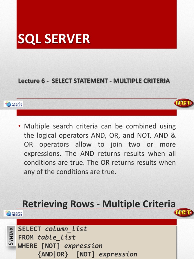 SQL Server: Lecture 6 - Select Statement - Multiple Criteria | PDF ...