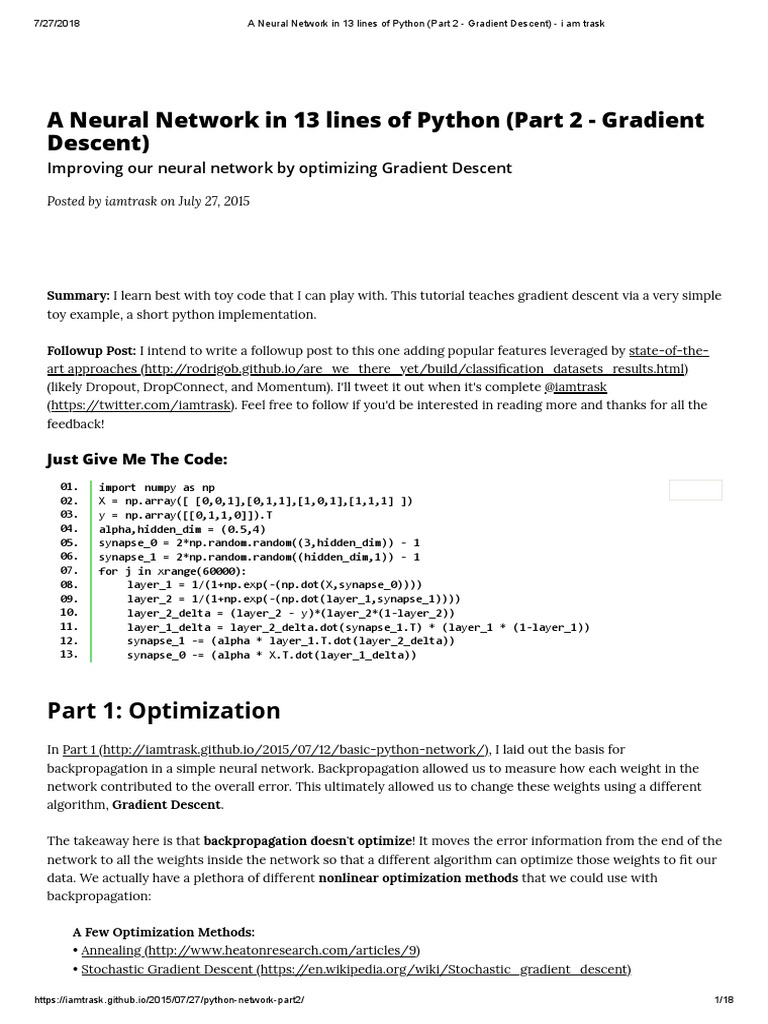 A Neural Network in 13 Lines of Python (Part 2 - Gradient Descent) - I ...