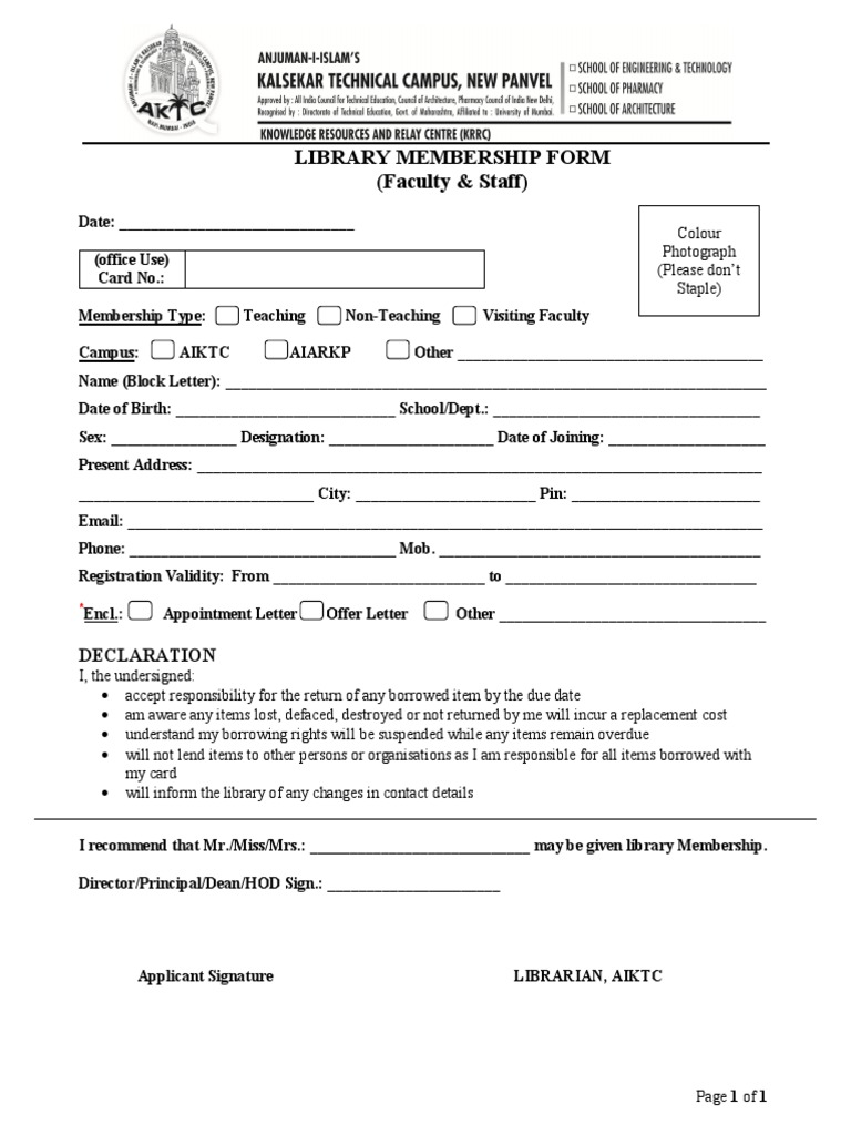 Library Membership Form Staff | PDF