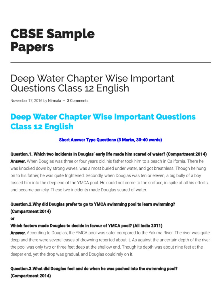 CBSE Sample Papers: Deep Water Chapter Wise Important Questions Class ...