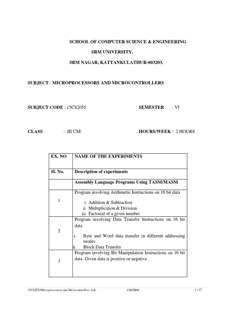 15CS205J-Microprocessors and Microcontrollers Lab Manual | PDF ... 15CS205J-Microprocessors and Microcontrollers Lab Manual | PDF ...