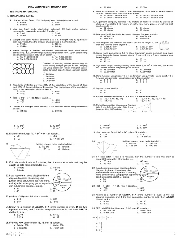 Soal Latihan Matematika SMP Test Masuk SMP | PDF