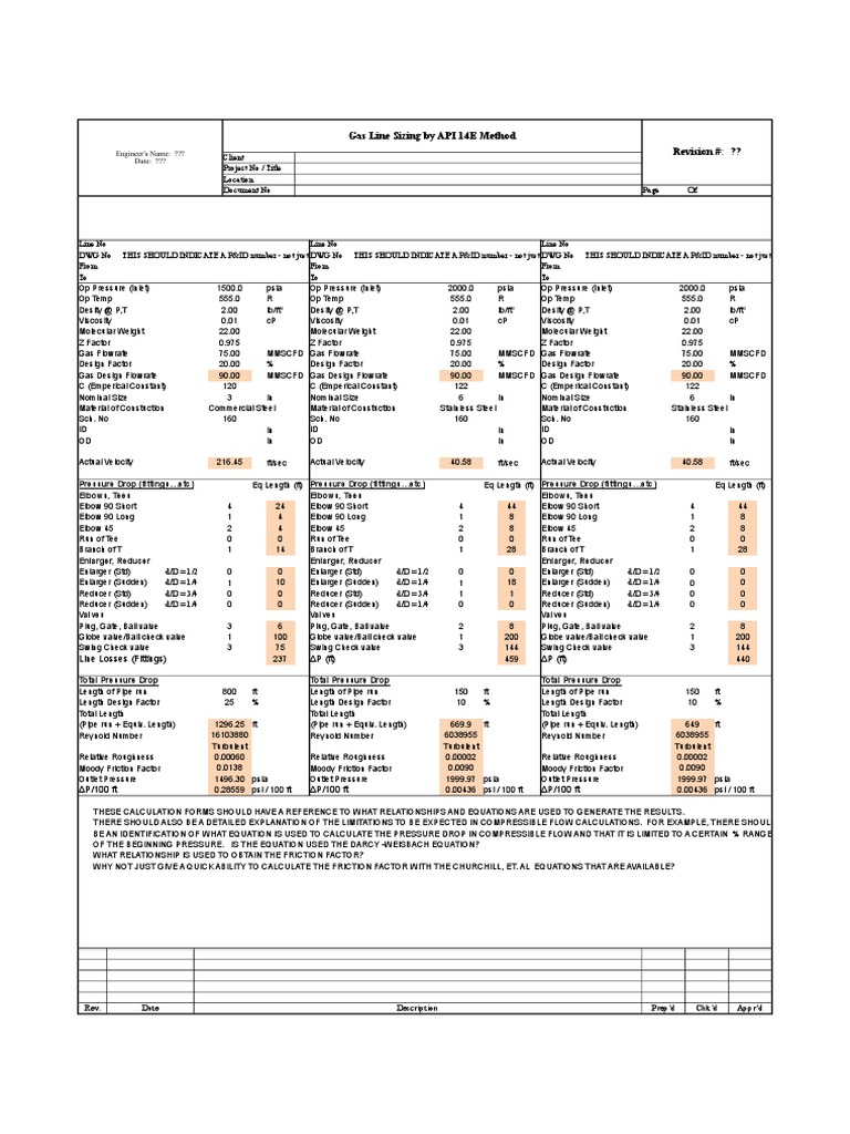 Gas Line Sizing by API 14E Method Revision #: ??: Pressure Drop ...