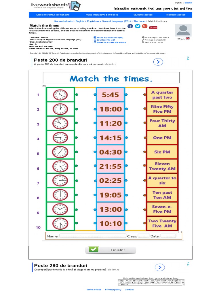 Match The Times - Interactive Worksheet | PDF | English As A Second Or ...