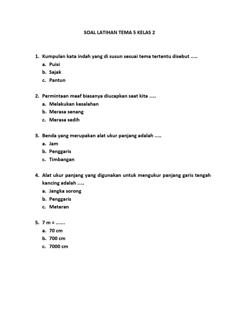 Soal Latihan Tema 5 Kelas 2 Pdf