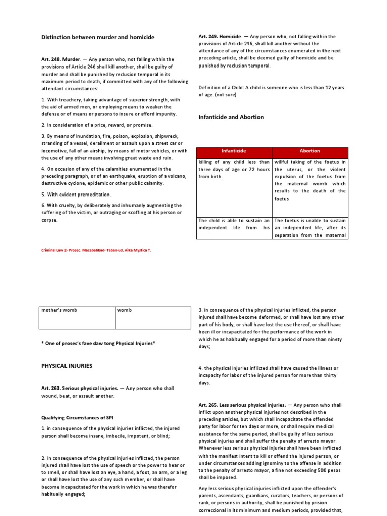 Distinction Between Murder and Homicide: Art. 249. Homicide. - Any ...