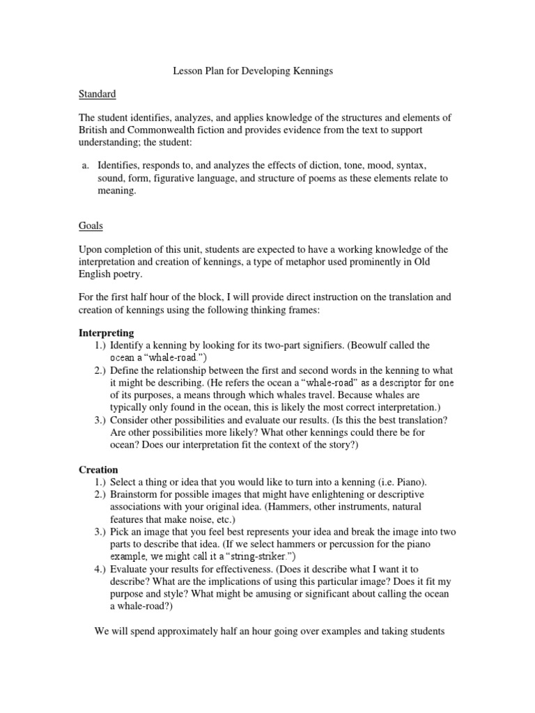 Kenning Lesson Plan1 | PDF | Beowulf | Poetry