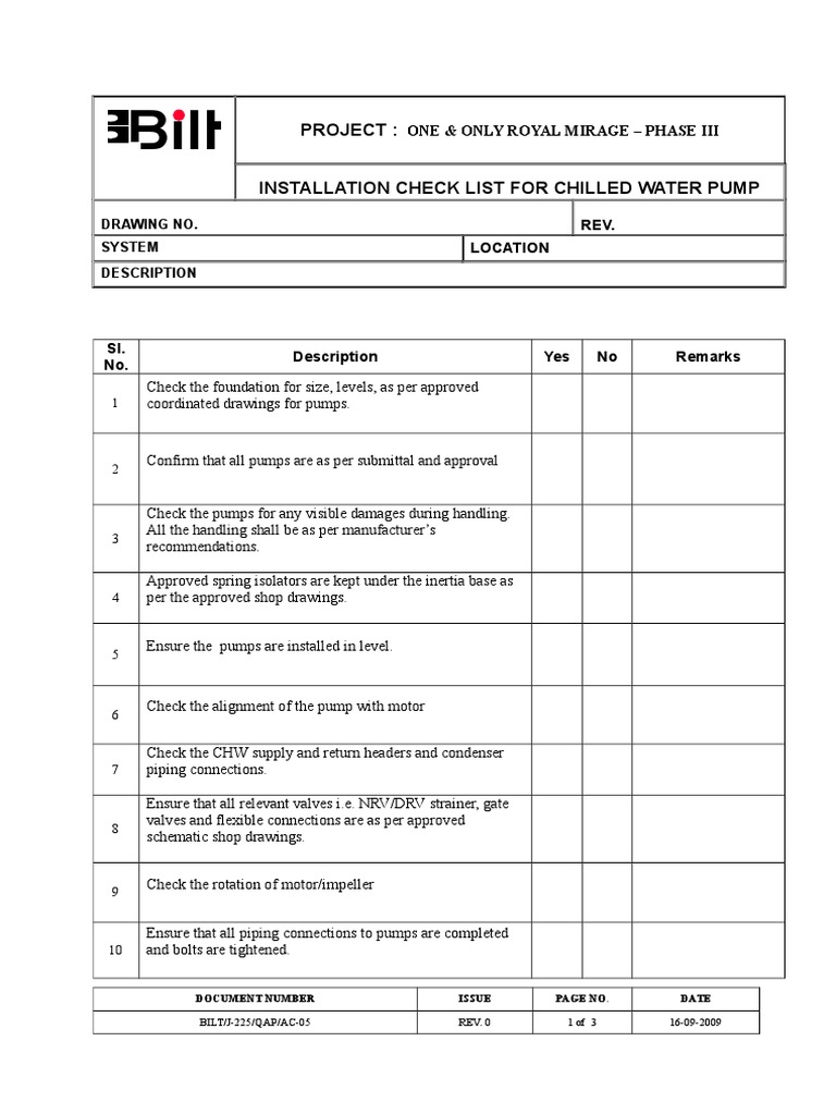 Check List-CHW PUMPS | PDF | Pump | Valve