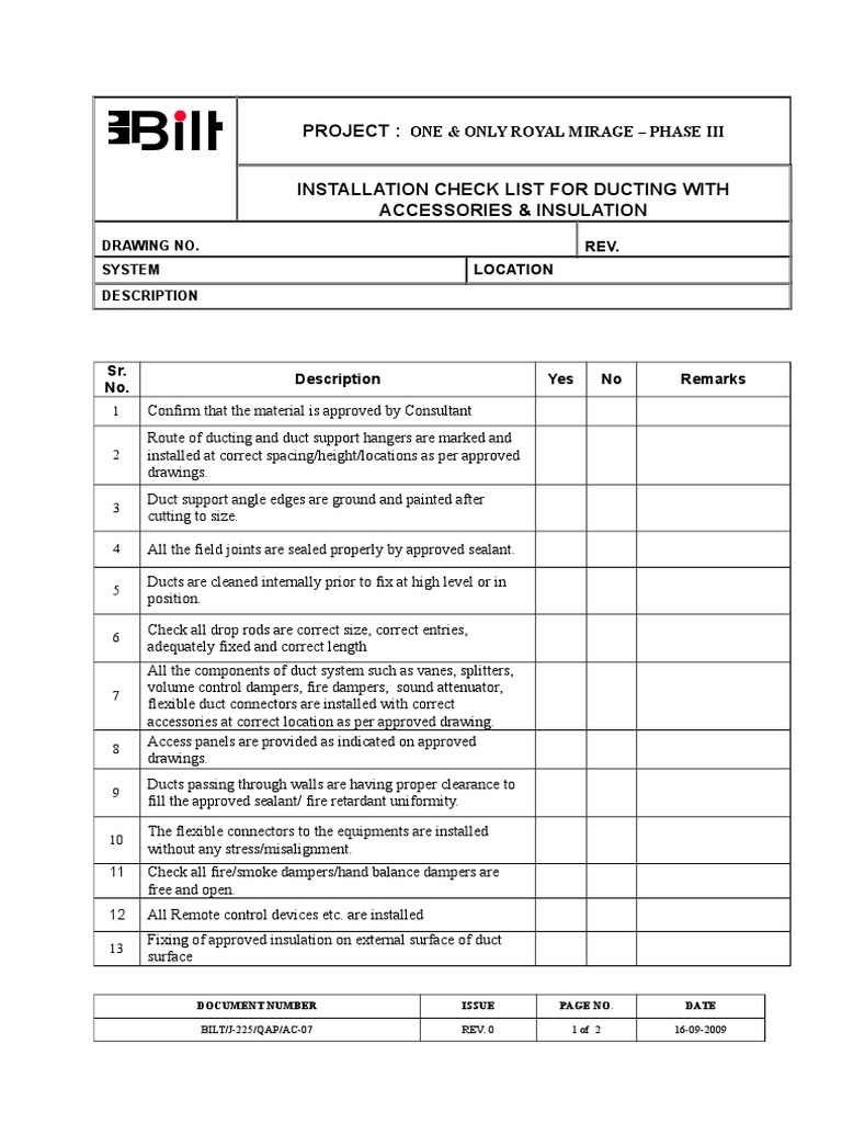 Check List DUCTING | PDF | Duct (Flow) | Building Technology