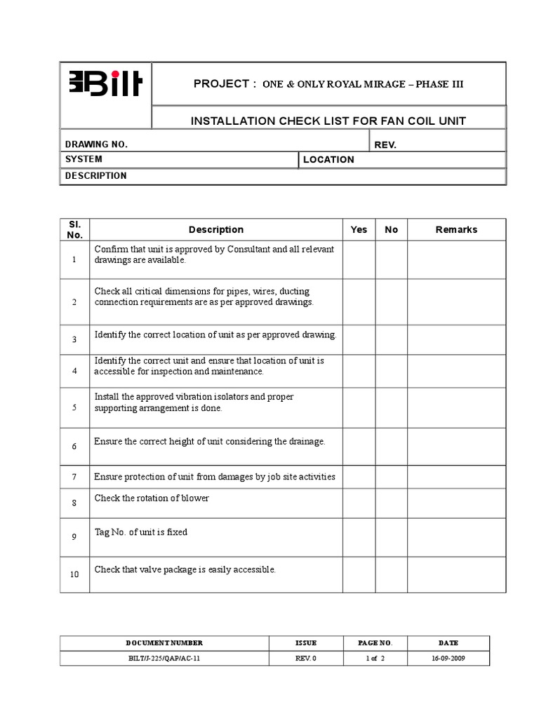 Check List FCU | PDF | Building Technology | Engineering