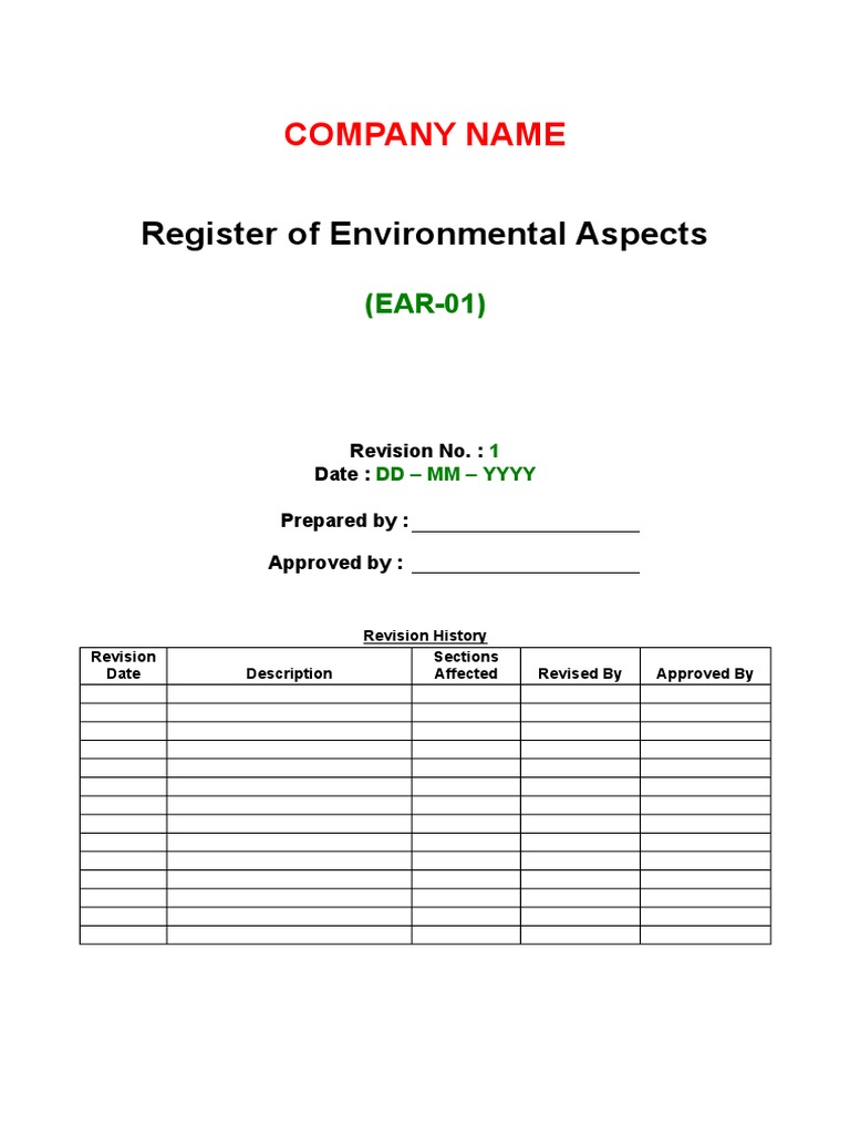 EAR-01 Register of Environmental Aspects | PDF
