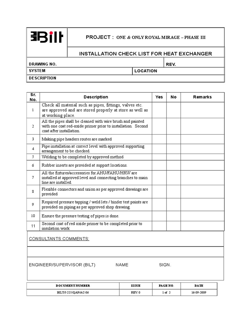 Check List-Heat Exchanger | PDF