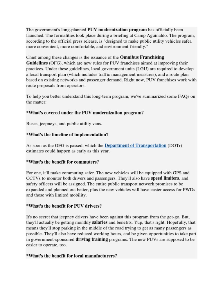 PUV Modernization Program | Download Free PDF | Bus | Transport