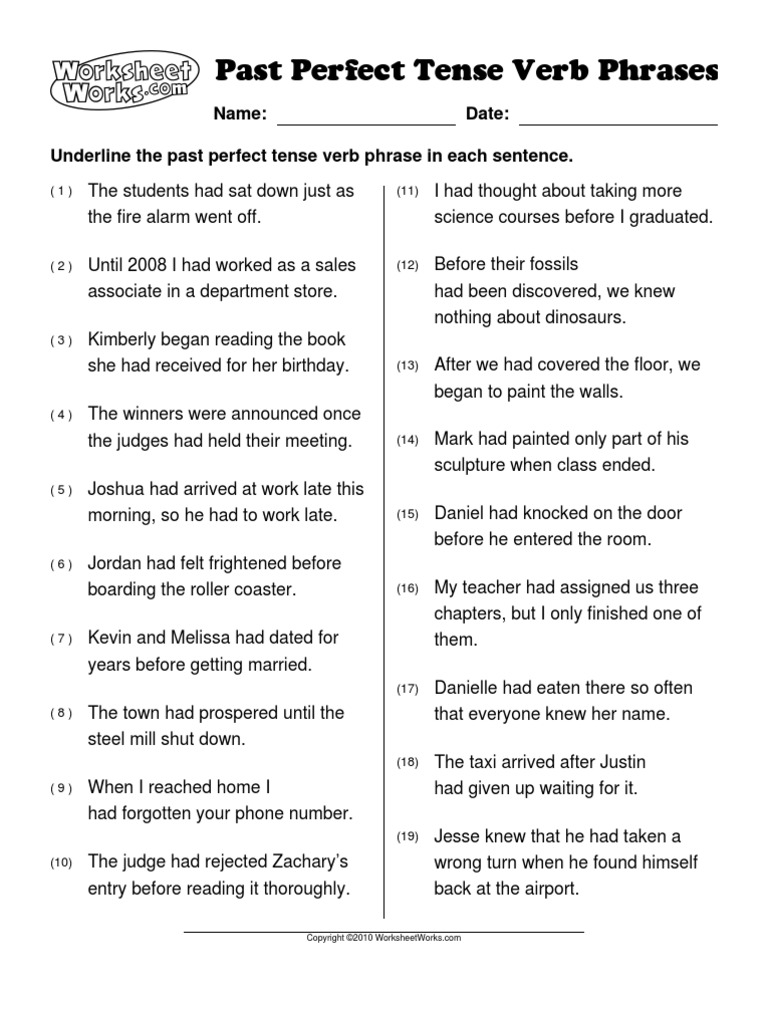 Worksheet Works Past Perfect Tense Verb Phrases 1 | PDF | Linguistics ...