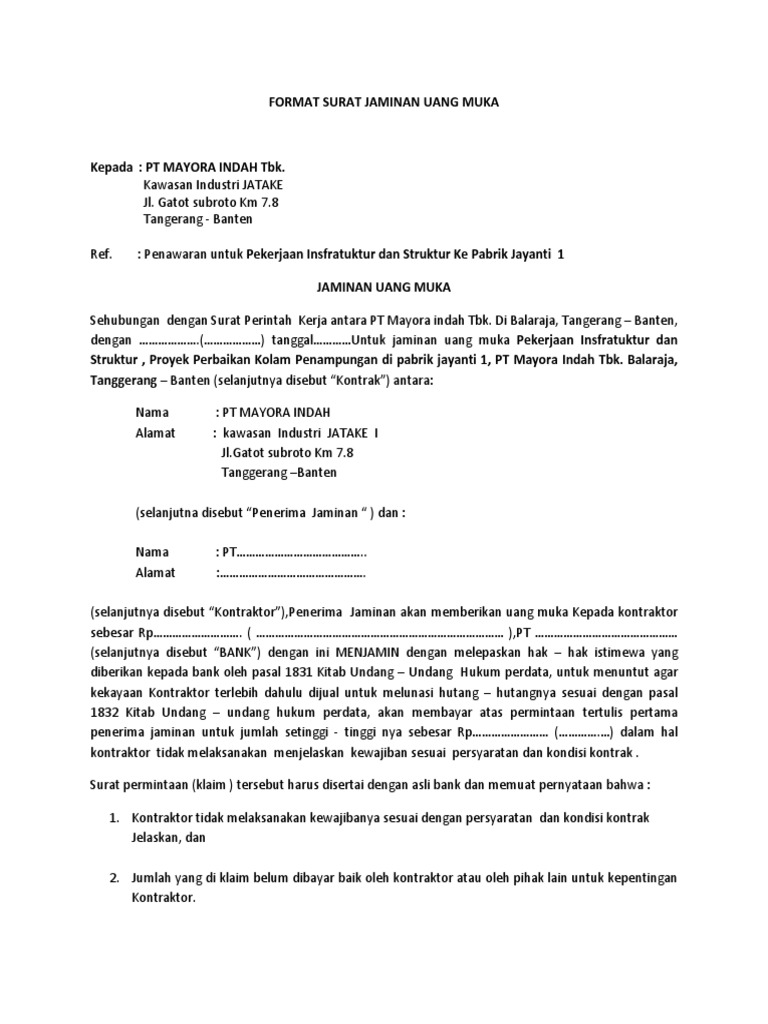 Format Surat Jaminan Uang Muka | PDF