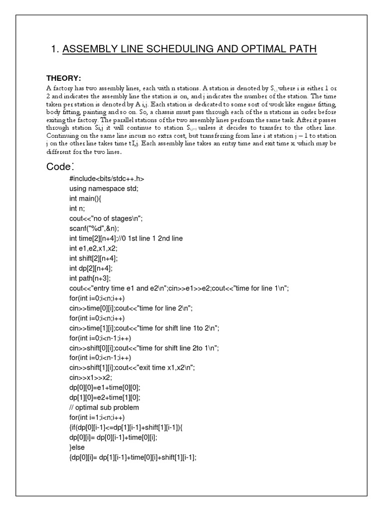 Assembly Line Scheduling And Optimal Path Pdf Algorithms And Data Structures Computer
