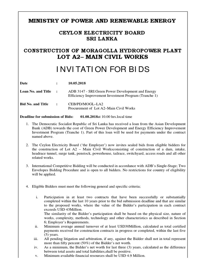 Moragolla Hydro Power - Tender | PDF | Sri Lanka | Hydroelectricity