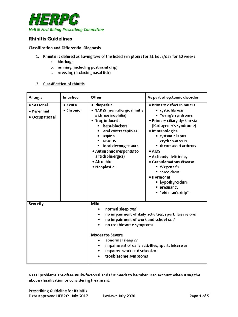 Rhinitis Guidelines: Classification and Differential Diagnosis | PDF ...