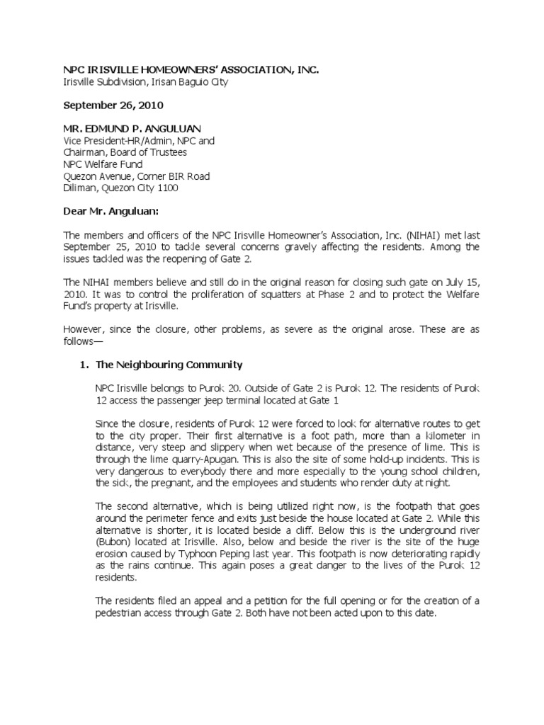 Letter to NPC Welfare Fund | Squatting | Lawsuit | Free 30-day Trial ...