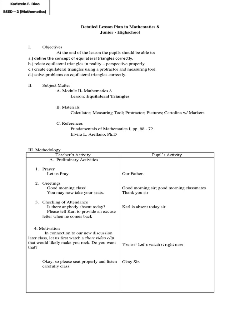 Detailed Lesson Plan in Mathematics 8 Junior - Highschool | PDF ...