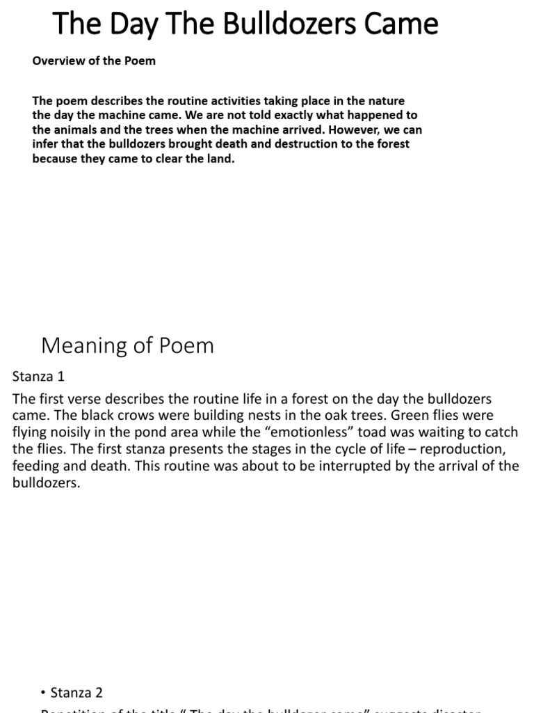 The Destructive Impact of Bulldozers: An Analysis of the Poem "The Day ...