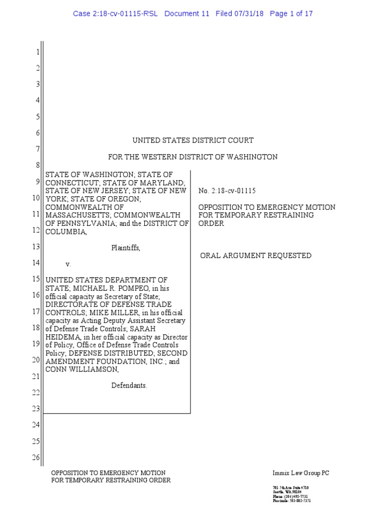 Washington V Defense Distributed Response To Temporary Restraining