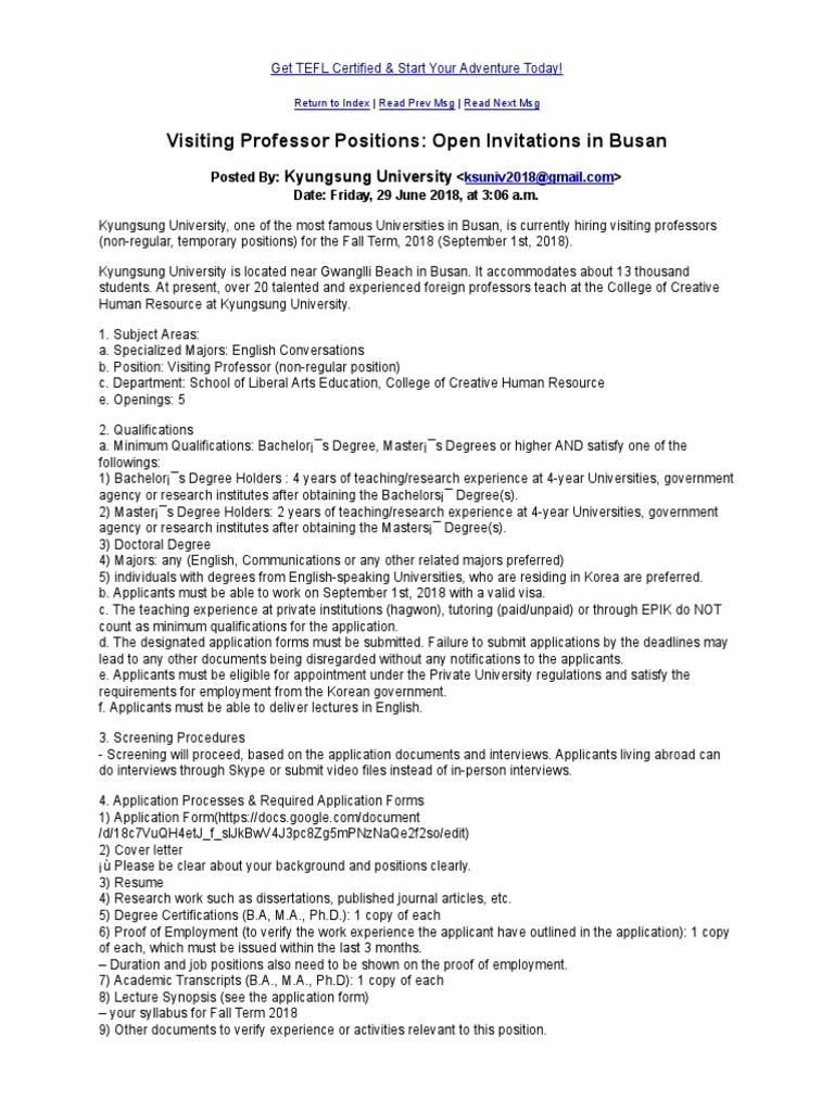 Visiting Professor Positions: Open Invitations in Busan | PDF ...