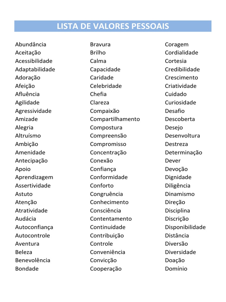 Lista-de-Valores-Pessoais.pdf | Conceitos Psicológicos | Psicologia e ...