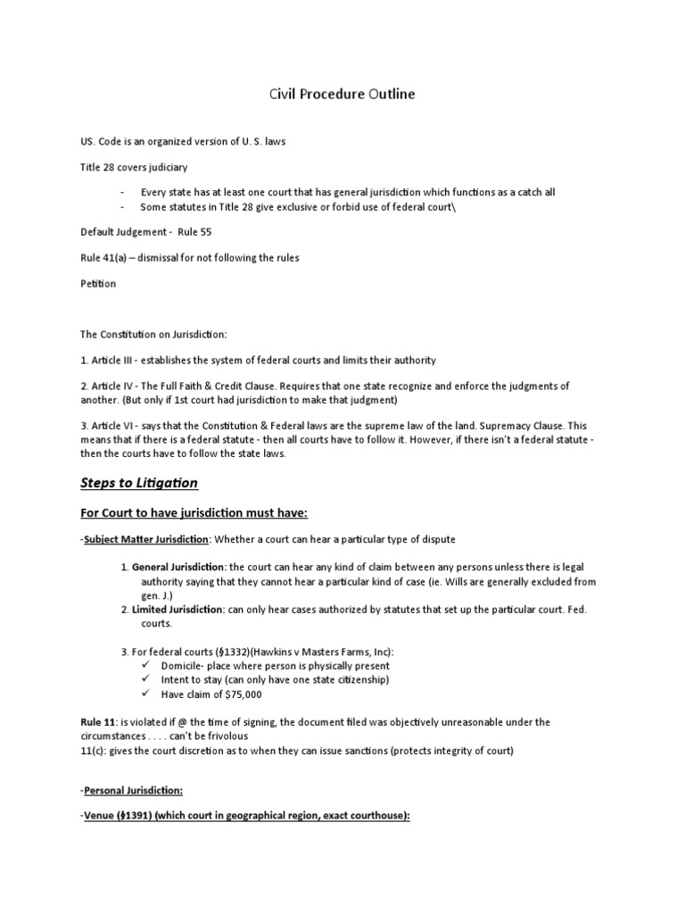 Civil Procedure Outline: Steps To Litigation | PDF | Personal ...