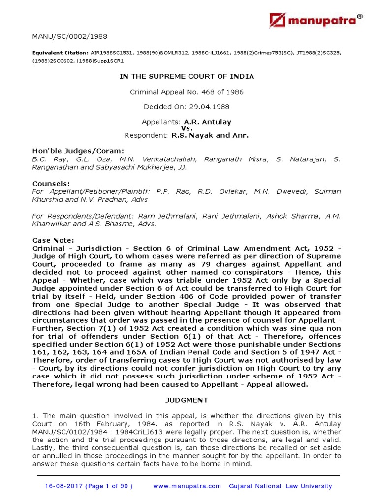 A.R. Antulay vs. R.S. Nayak and Anr. 29.04.1988 Com173941611158393437 ...