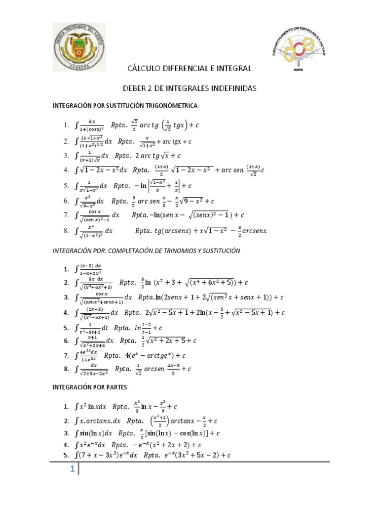 Deber 2 de Integrales Indefinidas | PDF | Integral | Álgebra