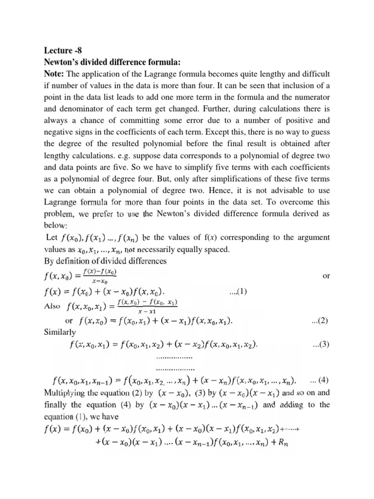 Newton's Divided Difference Formula:: Lecture - 8 | PDF | Polynomial ...