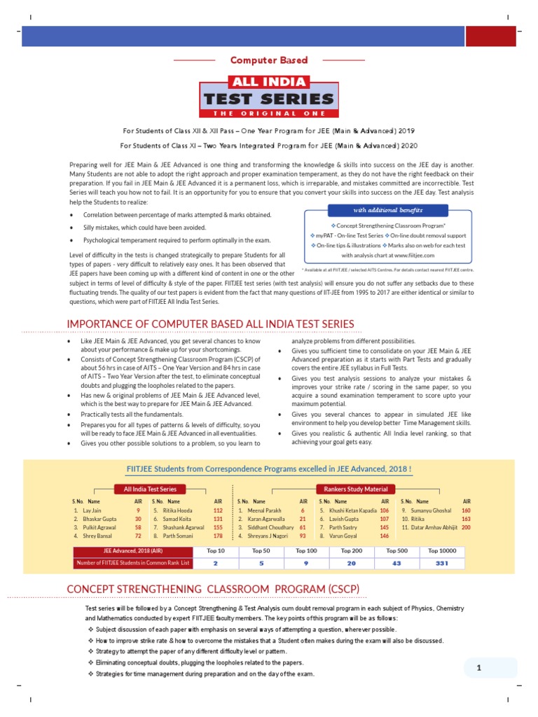 Test Series of Fiitjee 2019 | PDF | Test (Assessment) | Schools