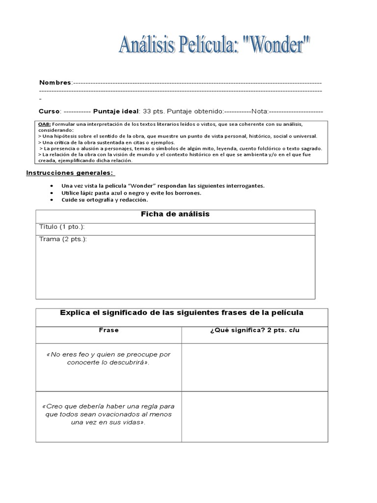 Análisis y Actividades de la Película Wonder | PDF | Deportes y ...