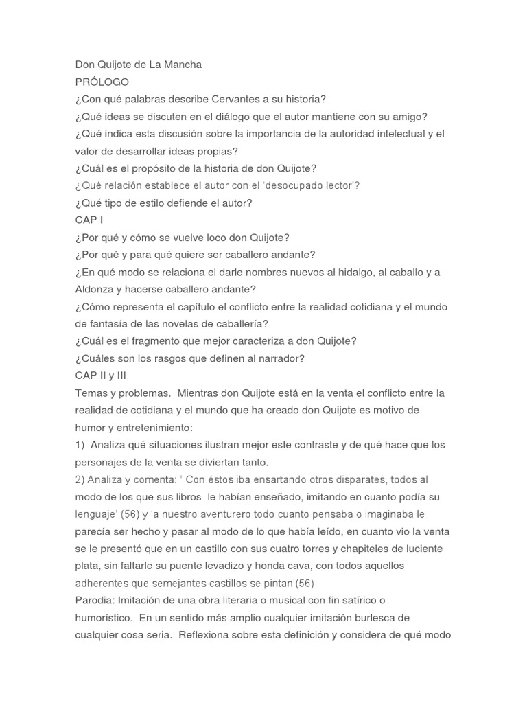 Don Quijote de La Mancha Cuestionario | PDF | Don Quijote | Novelas