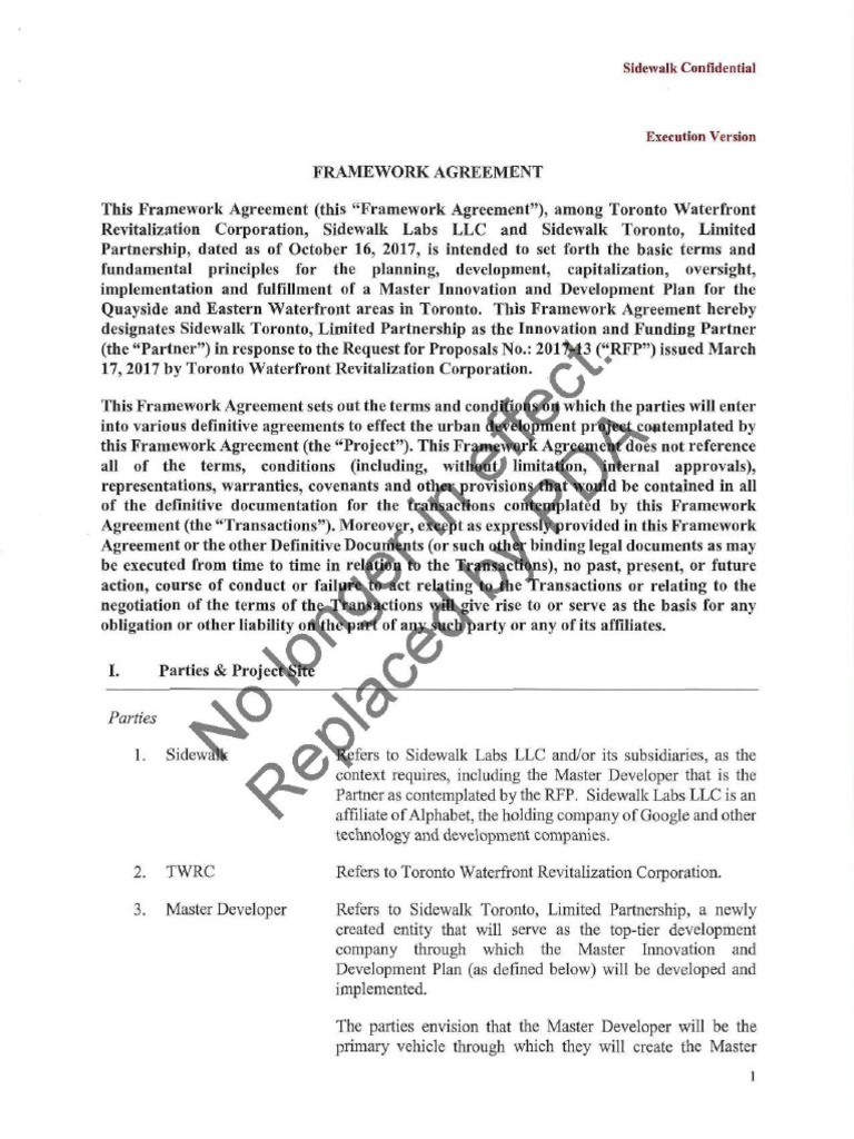 Framework Agreement - Waterfront Toronto / Sidewalk Labs | PDF ...