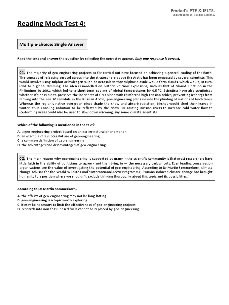 Reading Mock Test 4 | PDF | Climate Engineering | Wright Brothers