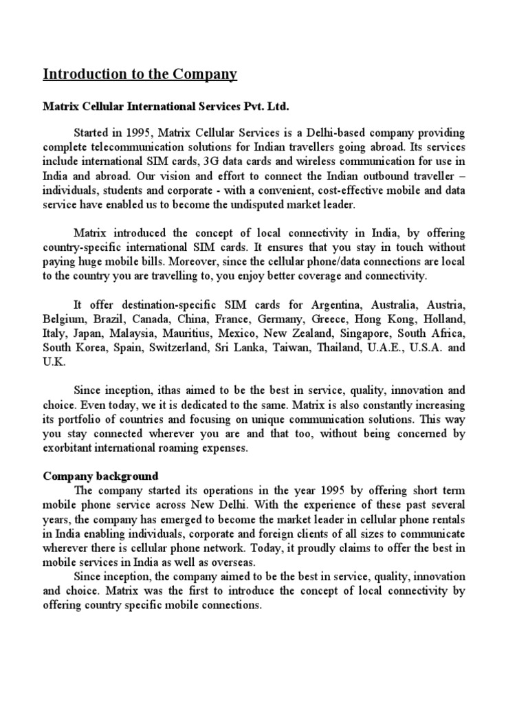 Introduction To The Company: Matrix Cellular International Services Pvt ...