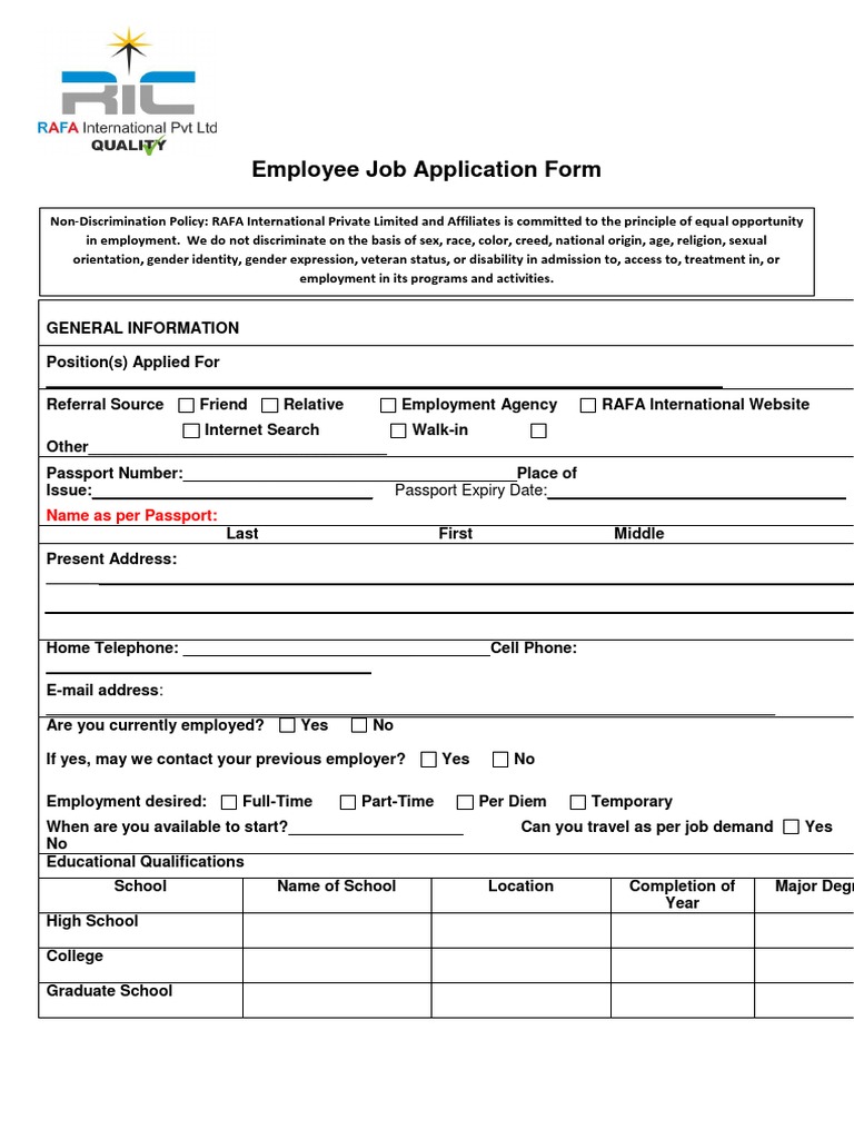 Employee Job Application Form | PDF | Background Check | At Will Employment