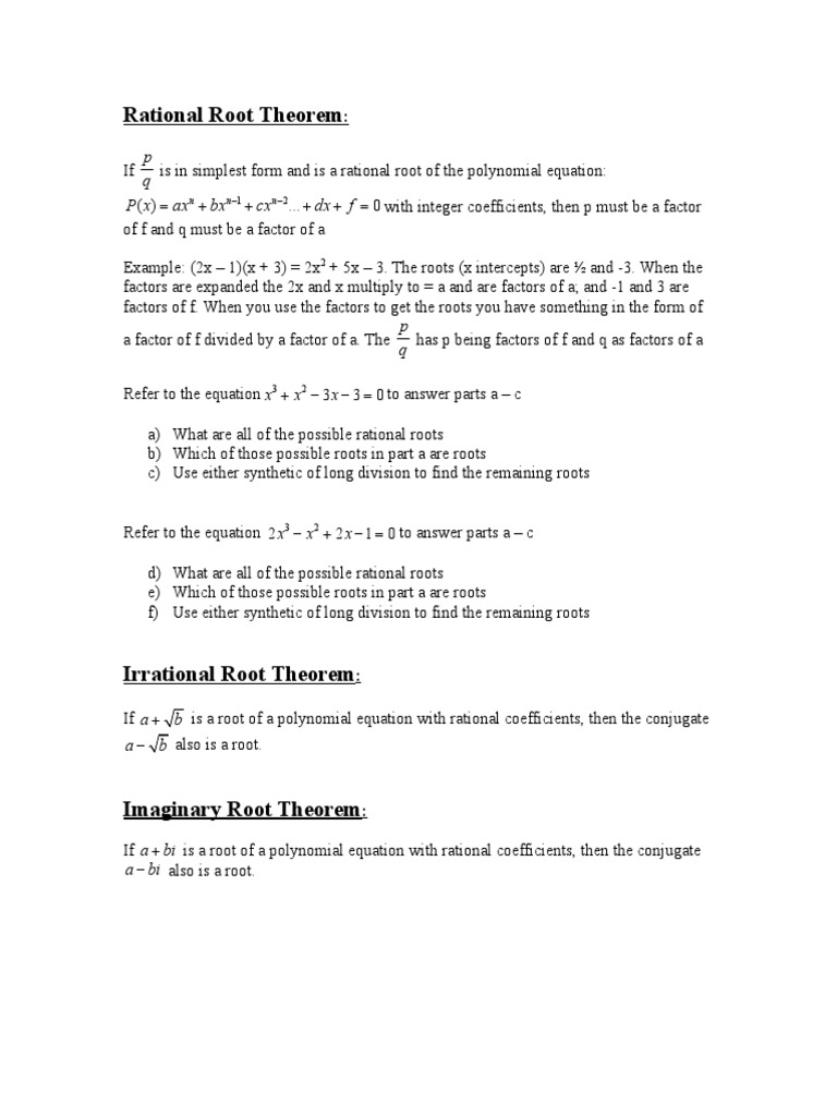 Rational Root Theorem Pdf Zero Of A Function Elementary Mathematics